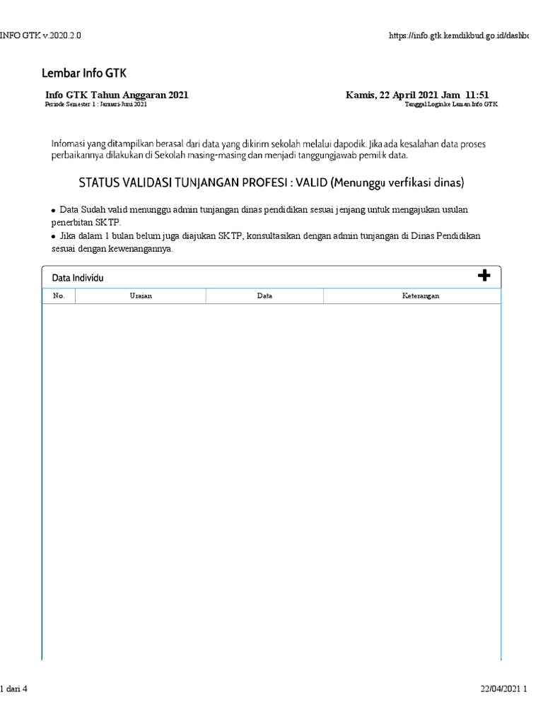 INFO GTK v.2020.2.0: Periode Semester 1: Januari-Juni 2021 Tanggal Login Ke Laman Info GTK | PDF