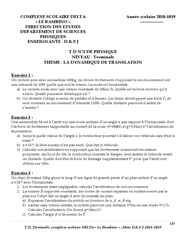 TD Dynamique | PDF | Accélération | Frein
