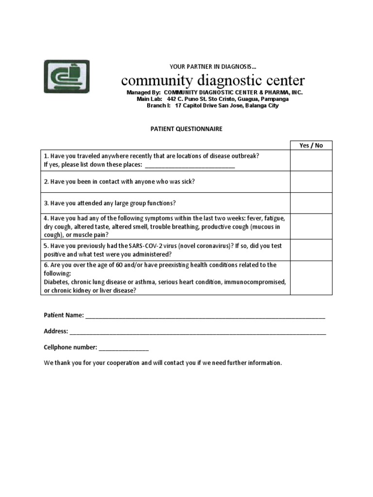 Community Diagnostic Center: Patient Questionnaire Yes / No | PDF ...
