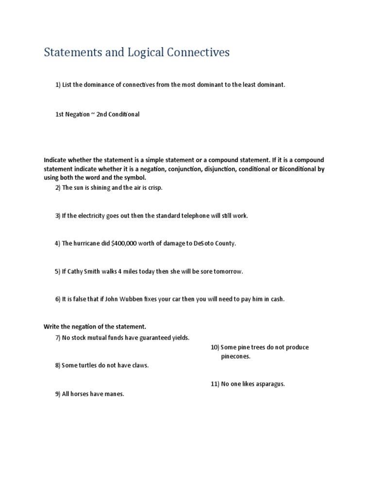 Statements and Logical Connectives Worksheet | PDF | If And Only If | Logic