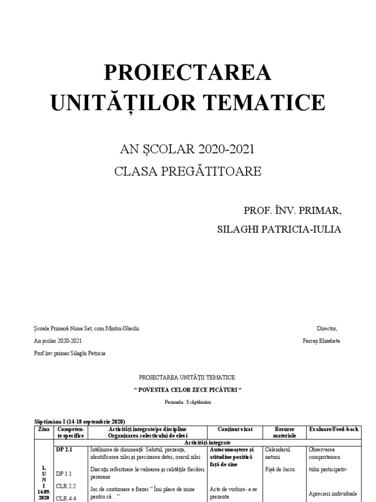 Unitati Tematice Clasa Pregatitoare | PDF