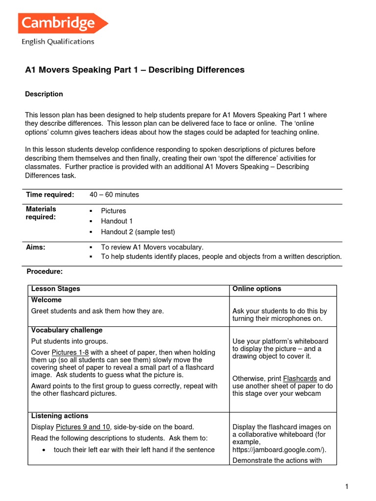 Online Teaching A1 Movers Speaking Part 1 Describing Differences | PDF