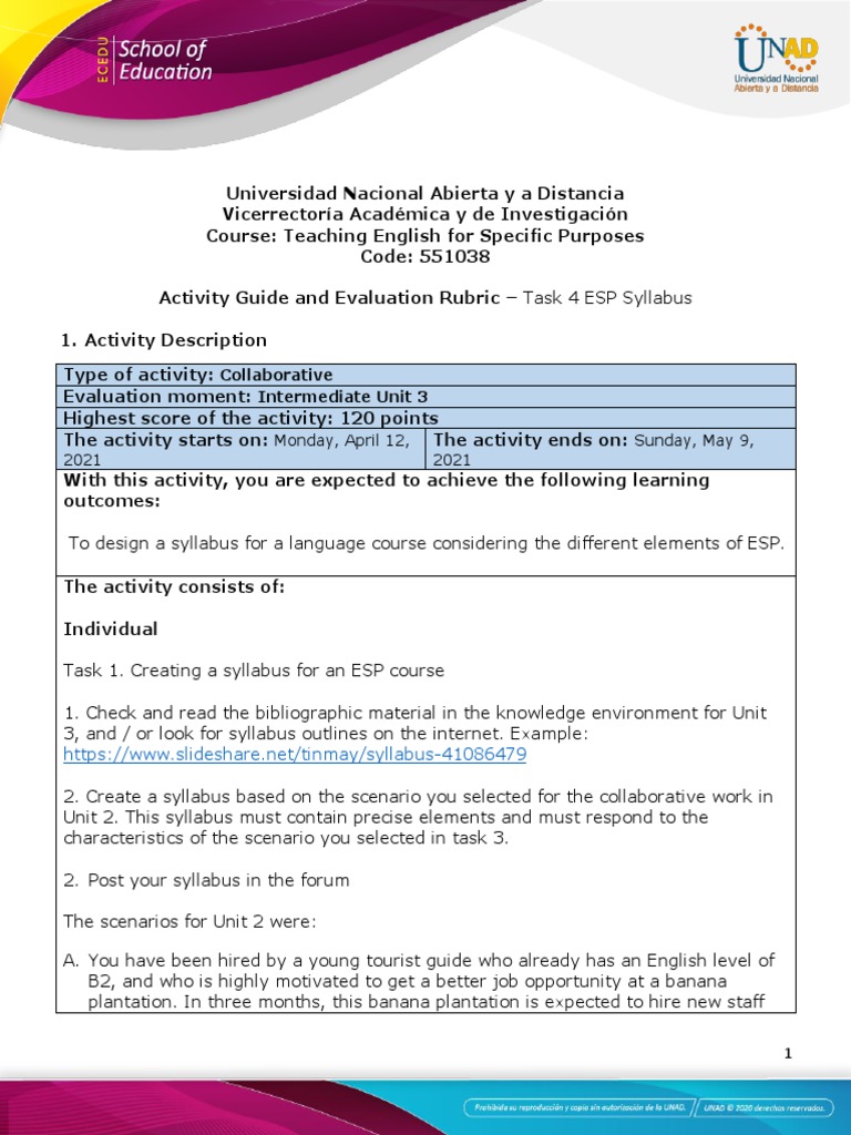 Activity Guide and Evaluation Rubric - Task 4 - ESP Syllabus | PDF ...
