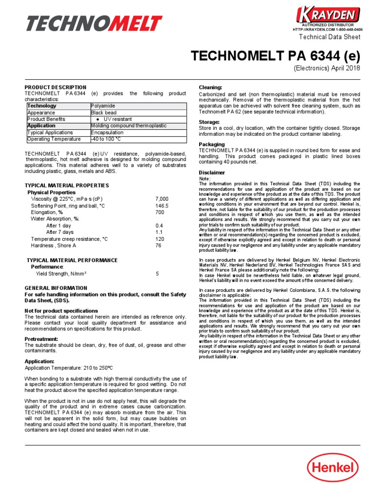 Technomelt Pa 6344 (E) : Technical Data Sheet | PDF | Thermoplastic ...