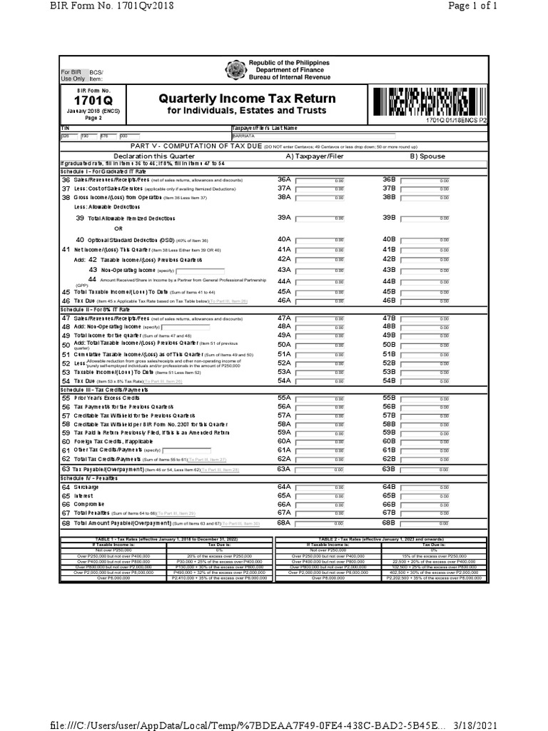 1701Q Quarterly Income Tax Return: For Individuals, Estates and Trusts ...