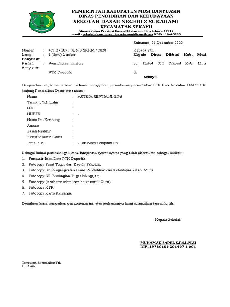 Surat Permohonan PTK Baru Ke Dapodik | PDF