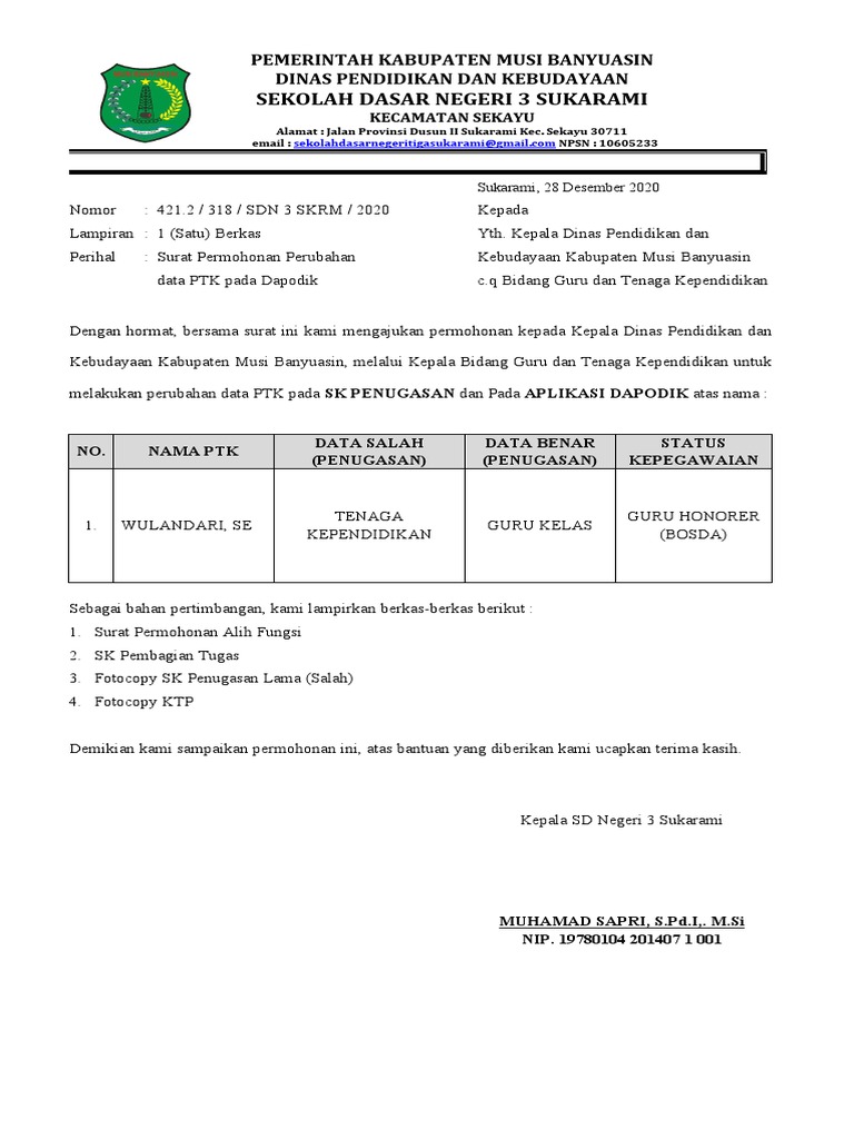 Surat Permohonan Perubahan Data PTK Di Dapodik 2020 | PDF