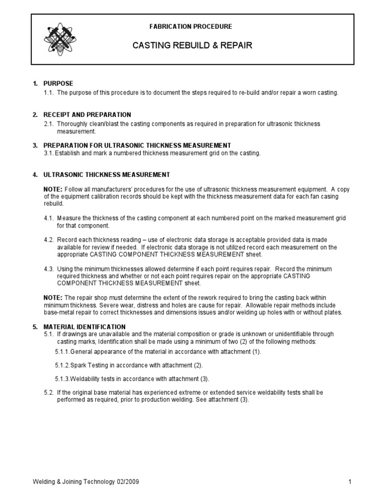 Casting Repairs and Rebuild Procedure Rev.02 | PDF | Steel | Metals