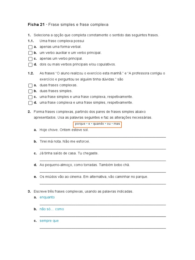 Ficha 2 Portugues 6 Ano Frase Simples e Complexa | PDF