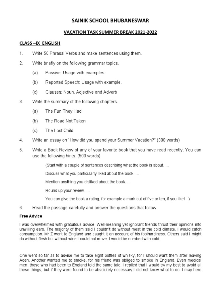 Sainik School Bhubaneswar Class IX Summer Tasks | PDF | Acceleration ...
