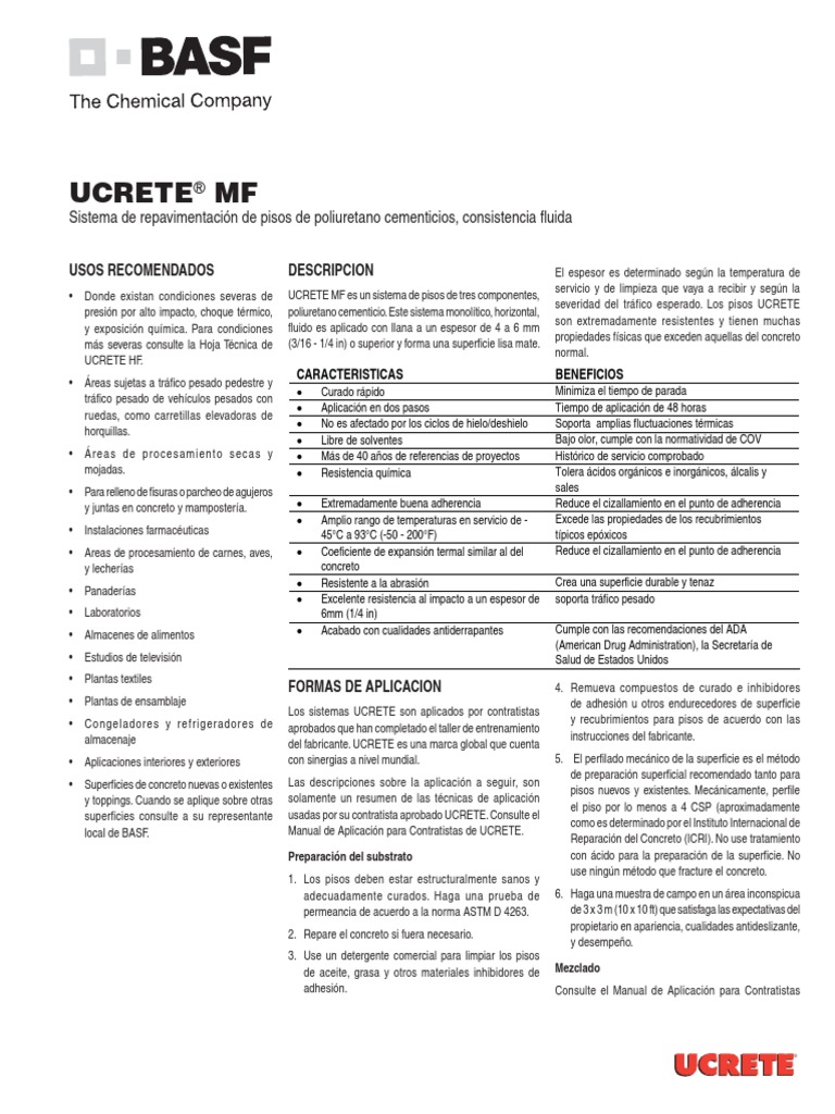 BASF - Ucrete MF, Sistema de Repavimentación de Pisos de Poliuretano Cementicios | PDF ...