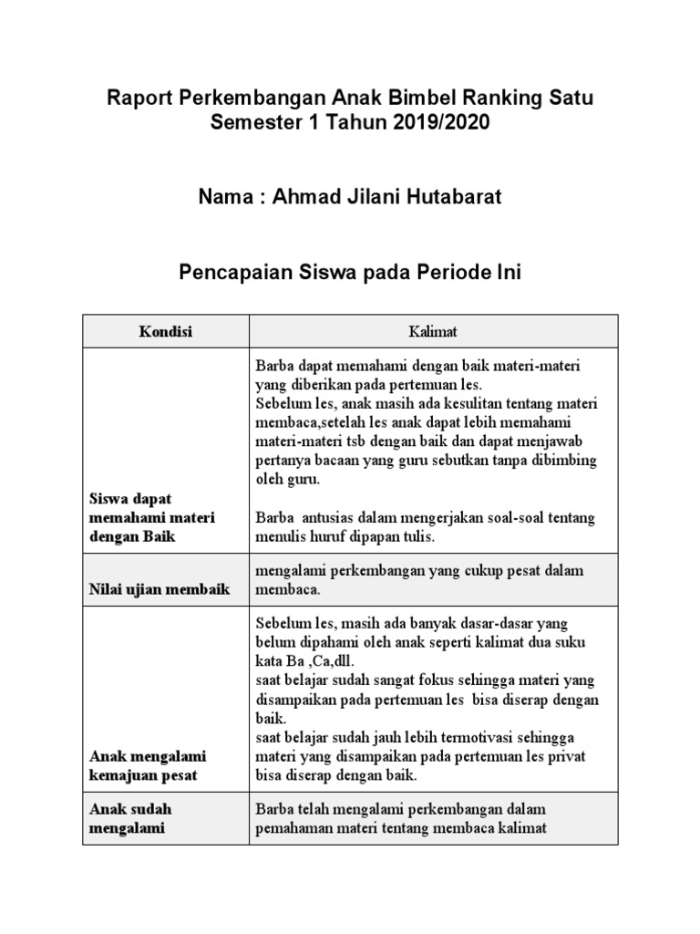 Raport Perkembangan Anak Bimbel Ranking Satu Semester 1 Tahun 2019 | PDF