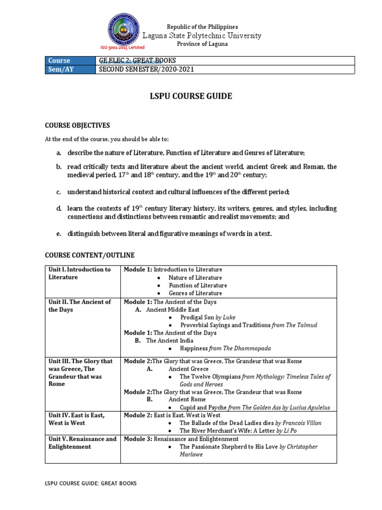 Course Guide - Ge Elec 2 - Great Books | PDF | Online And Offline | Cupid