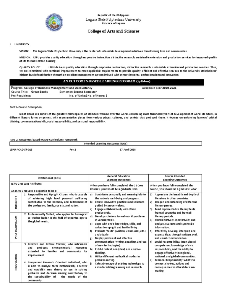 Course Syllabus Ge Elec 2 Great Books | PDF | Competence (Human ...