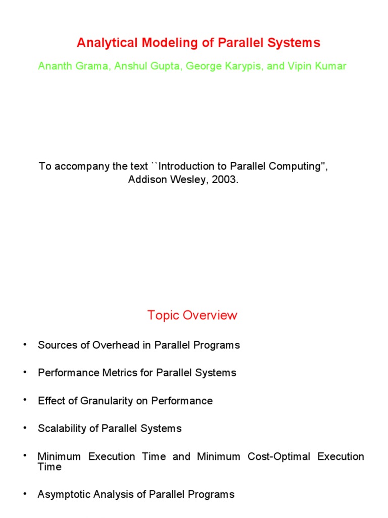 Analytical Modeling of Parallel Systems: Ananth Grama, Anshul Gupta, George Karypis, and Vipin ...