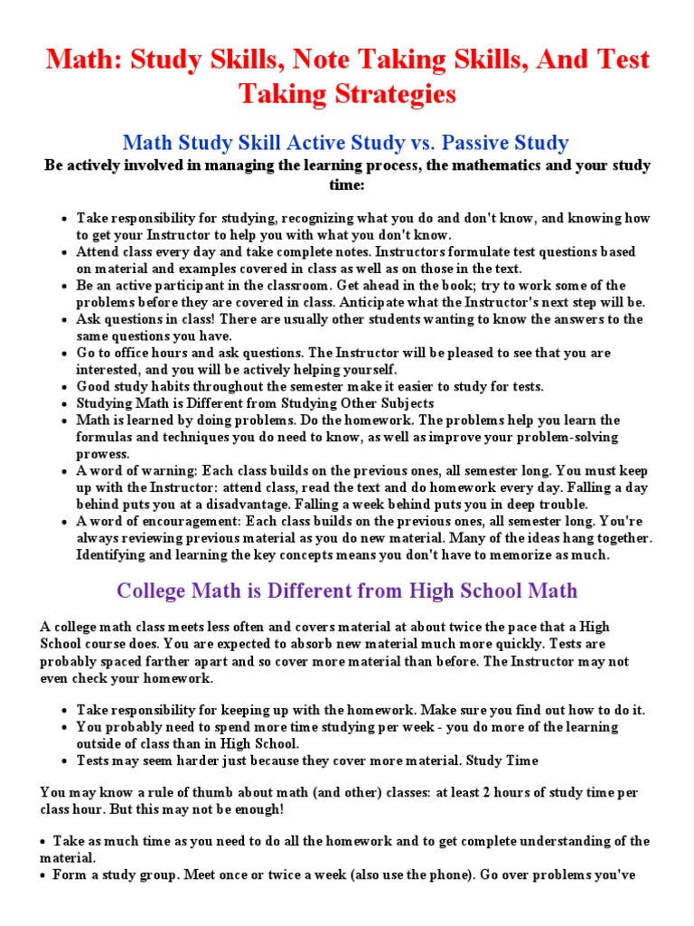 Math: Study Skills, Note Taking Skills, and Test Taking Strategies ...