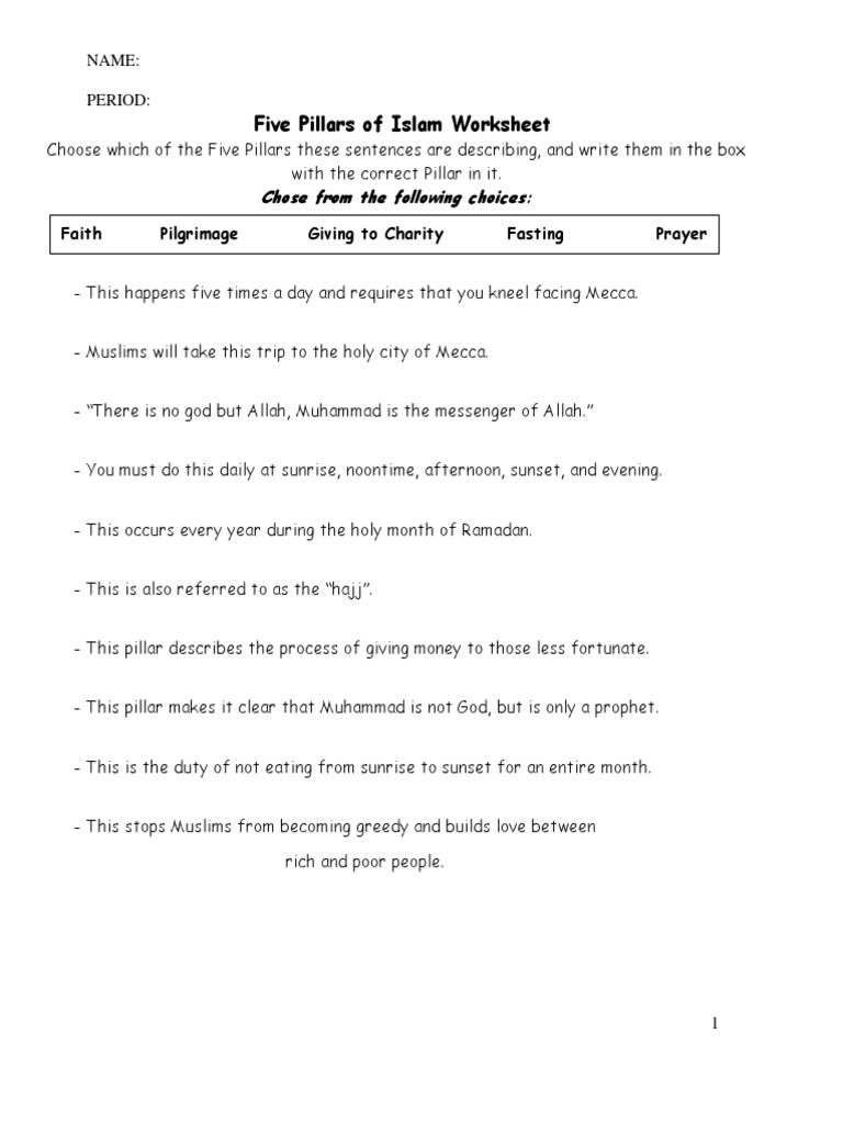 The Five Pillars of Islam Worksheet (10112015) | PDF