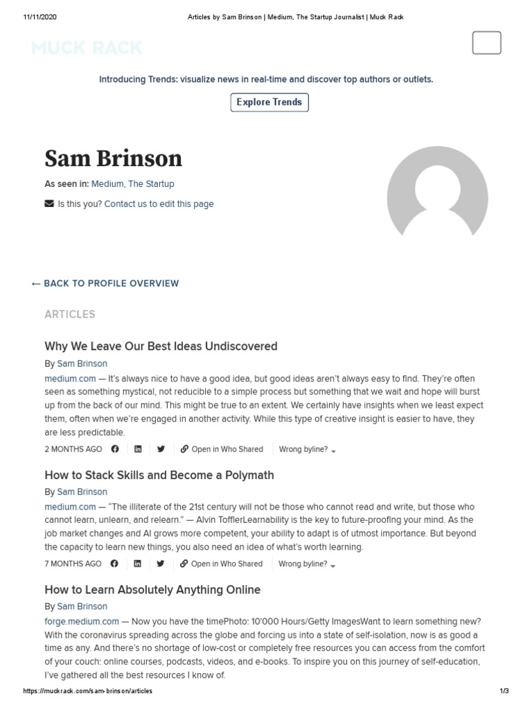 Articles by Sam Brinson - Medium, The Startup Journalist - Muck Rack | PDF | E Books | Public Sphere