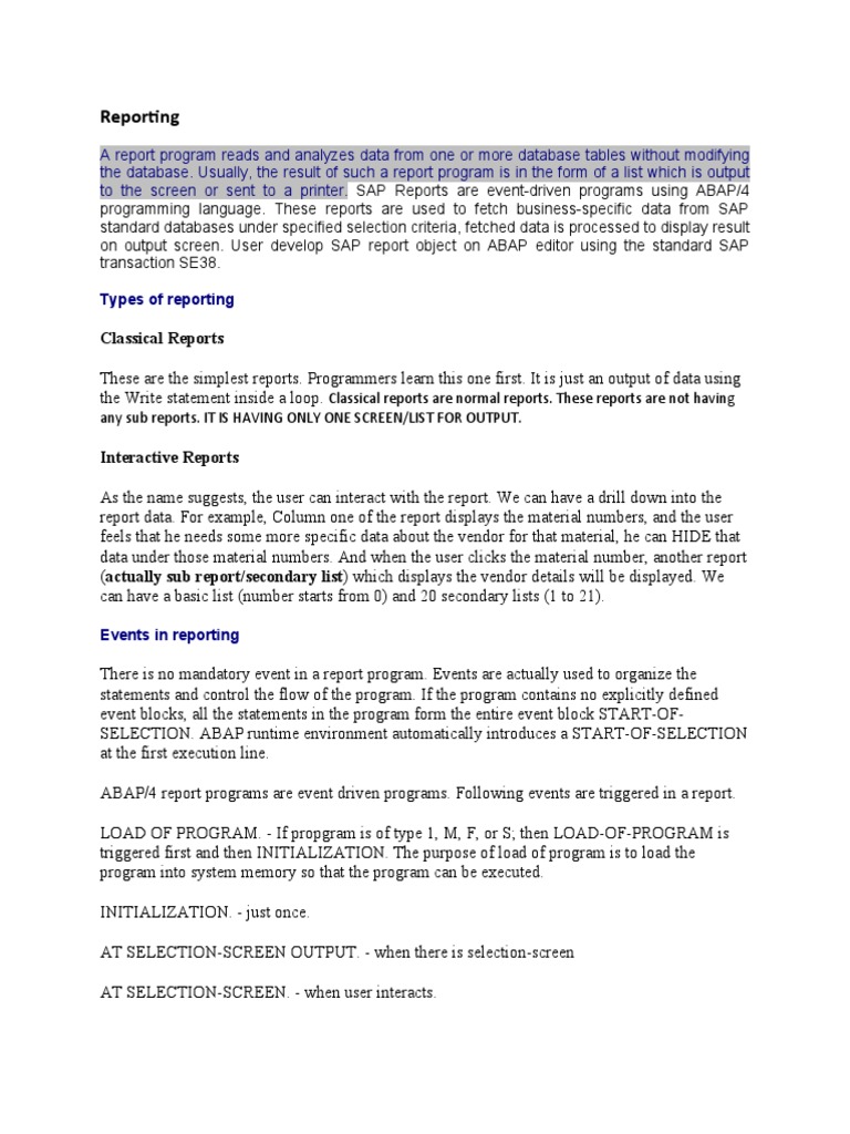 Reporting: Classical Reports | PDF | Parameter (Computer Programming) | Subroutine