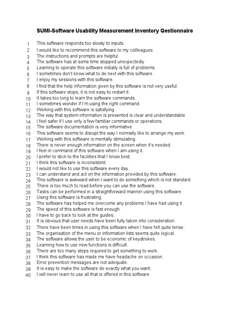 SUMI-Software Usability Measurement Inventory Qestionnaire | PDF ...