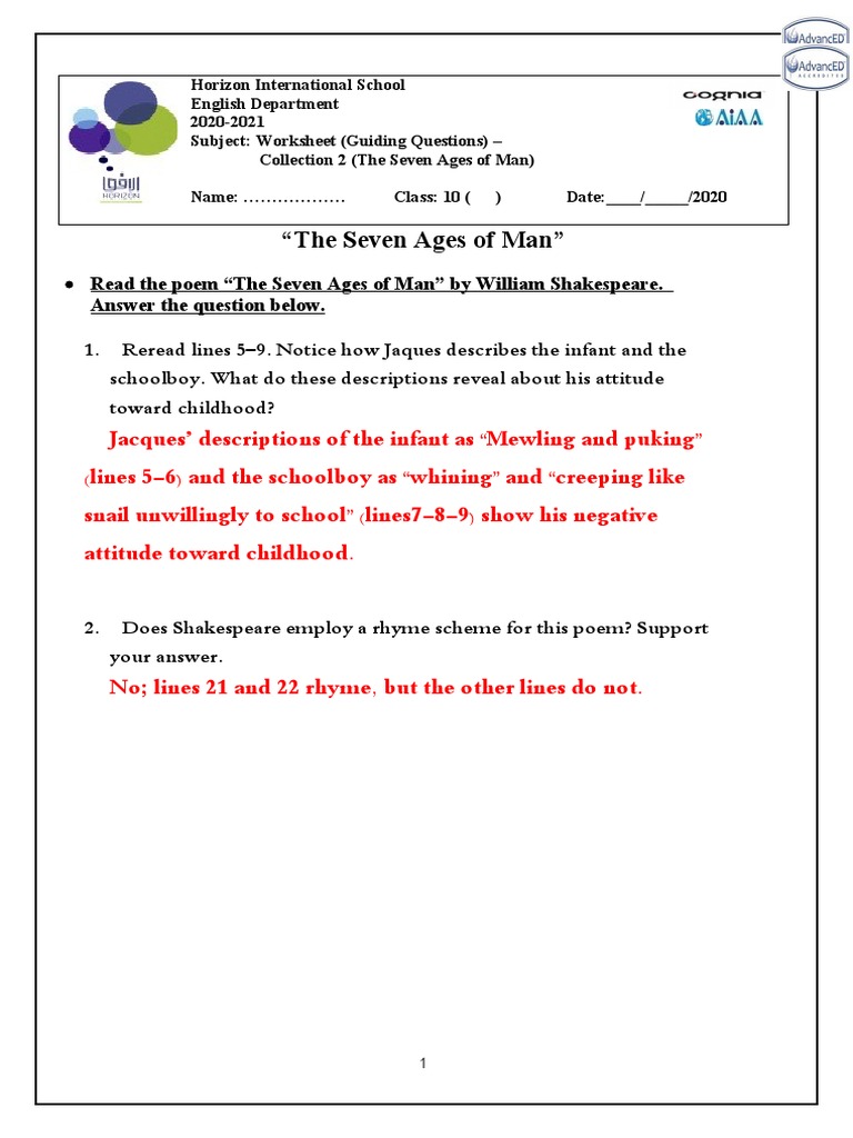 Seven Ages of Man Worksheet Guide | PDF | General Fiction