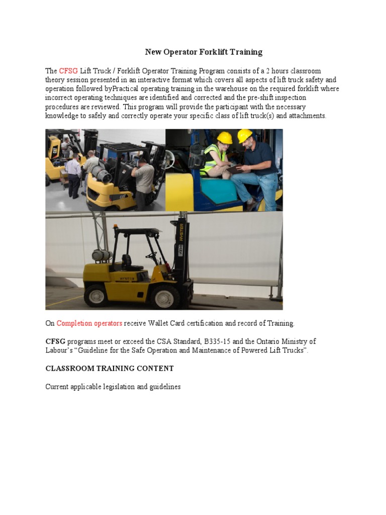 New Operator Forklift Training: CFSG Programs Meet or Exceed The CSA Standard, B335-15 and The ...