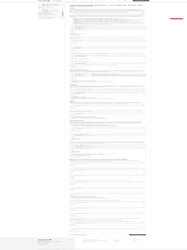 Tipe Data Pada Python - List, Slicing, Tuple, Set, Dan Dictionary | PDF