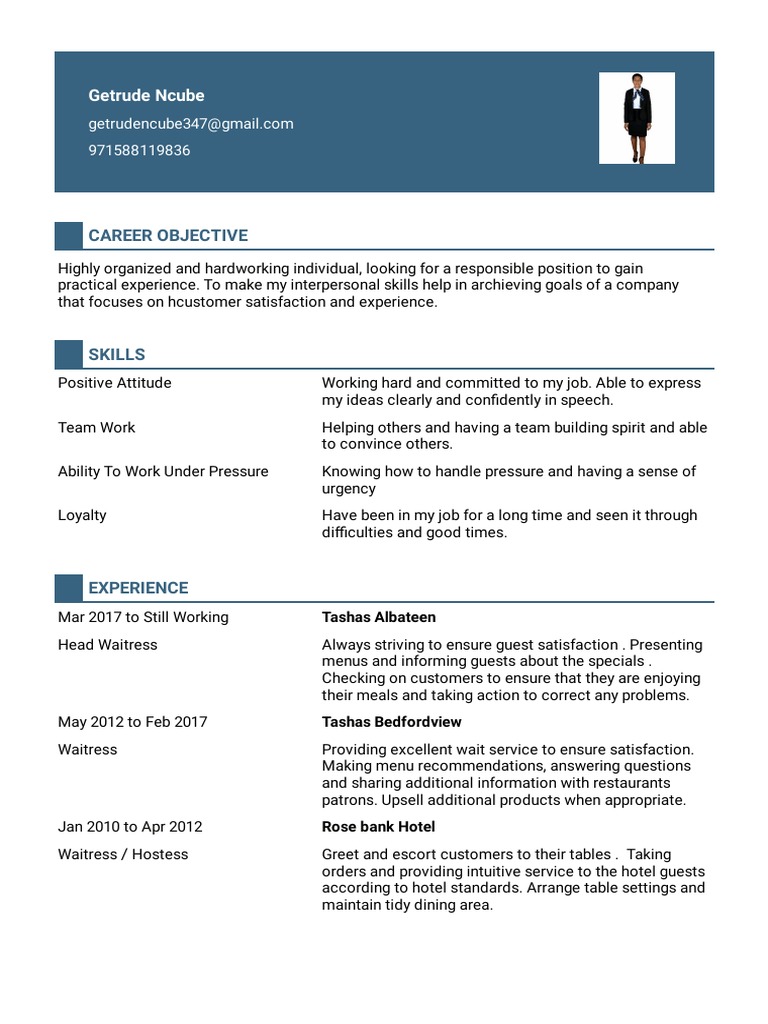 GETRUDE NCUBE - Resume - Format4 | PDF | Waiting Staff | Food And Drink