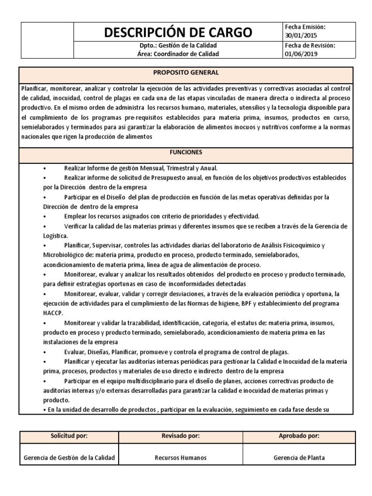Descripcion de Cargo de Coordinador de Calidad | PDF | Gestión de la calidad | Calidad (comercial)