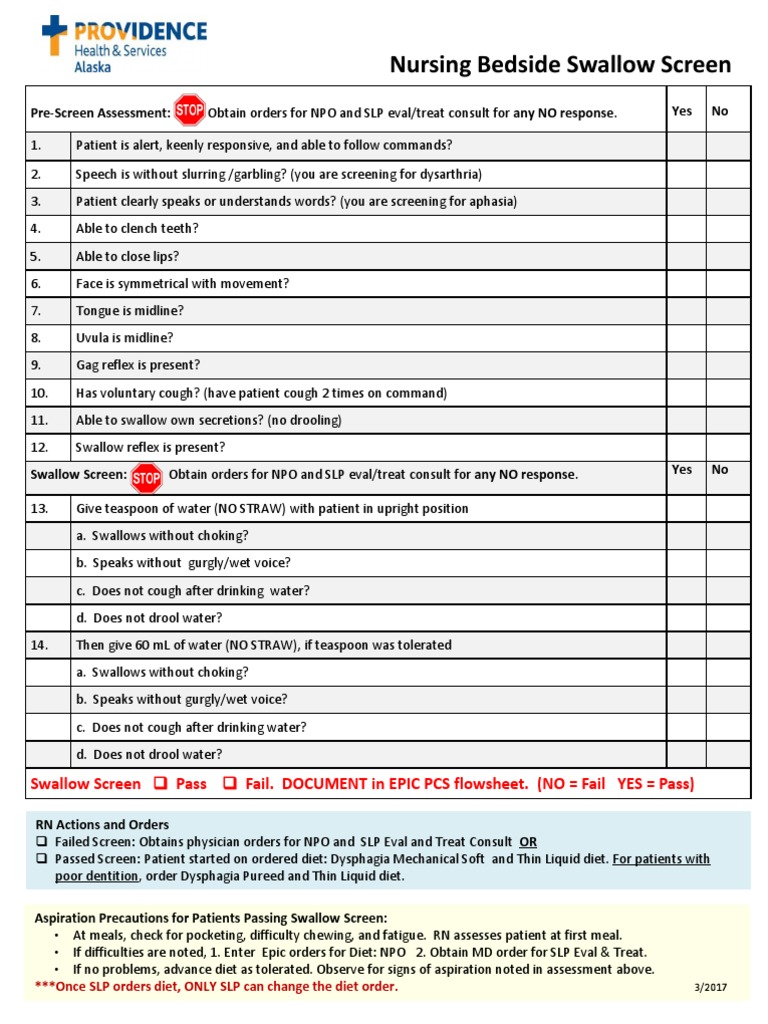Nursing Bedside Swallow Screen: Pre-Screen Assessment: Yes No | PDF