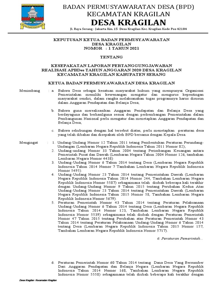 PERDES Pertanggungjawaban Ds. Kragilan 2020 | PDF
