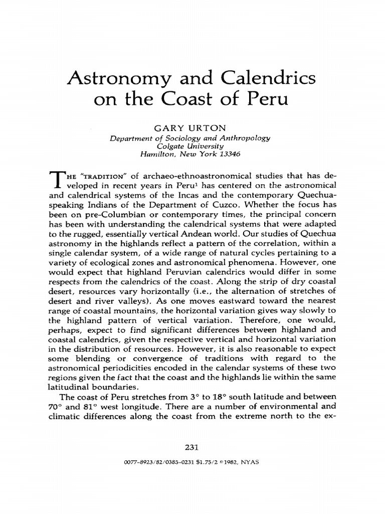 "Astronomy and Calendrics On The Coast of Peru" - Gary Urton (1982 ...