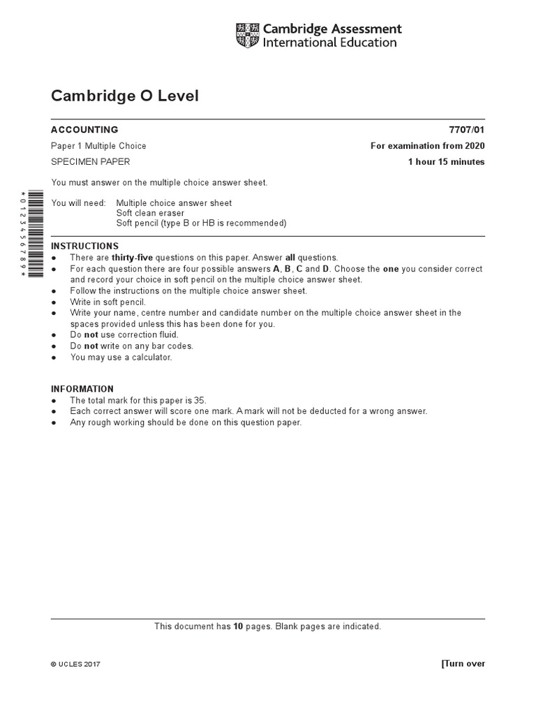 Cambridge O Level: Accounting 7707/01 | PDF | Debits And Credits ...