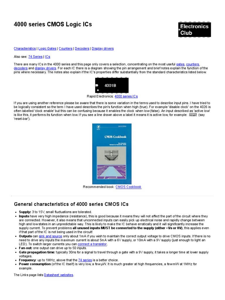 4000 Series CMOS Logic ICs - Electronics Club | PDF | Logic Gate | Cmos