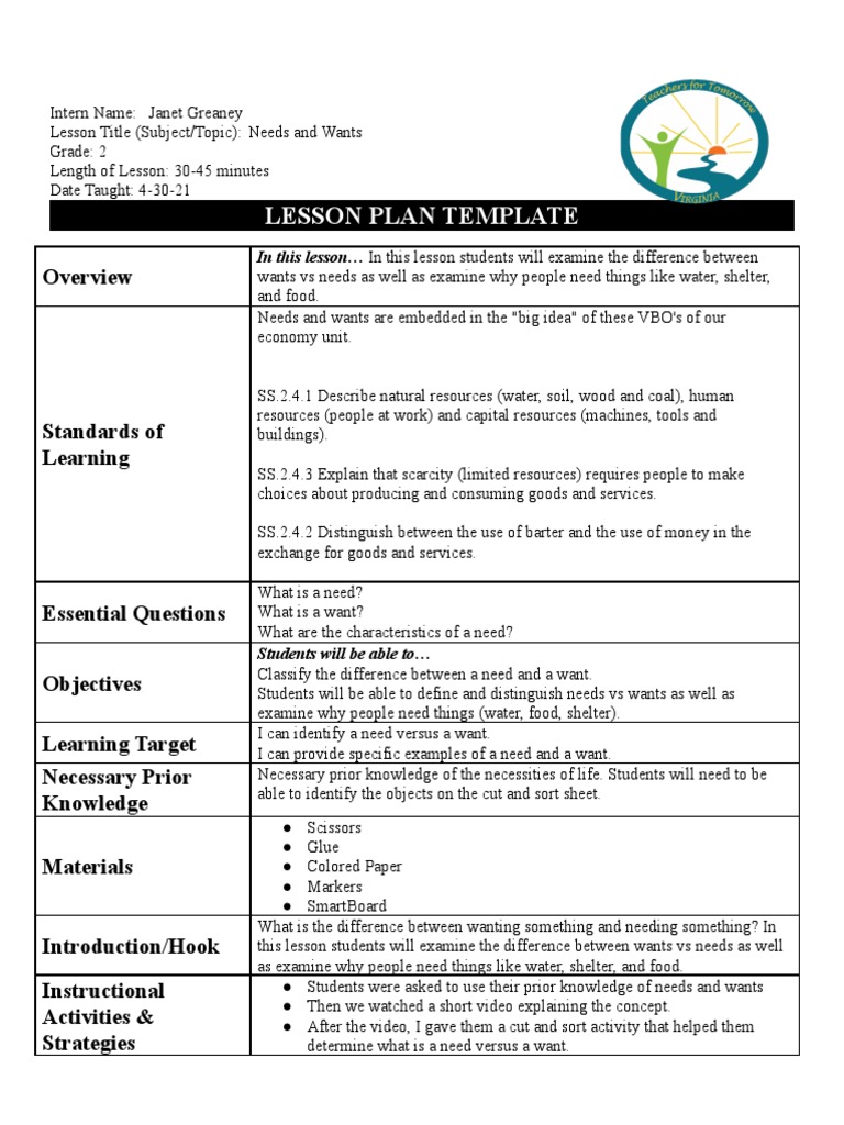 Needs and Wants Lesson Plan 1 | PDF | Lesson Plan | Pedagogy