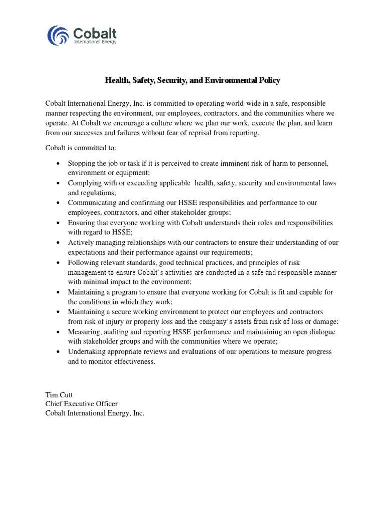 Health, Safety, Security, and Environmental Policy | PDF | Risk | Risk ...
