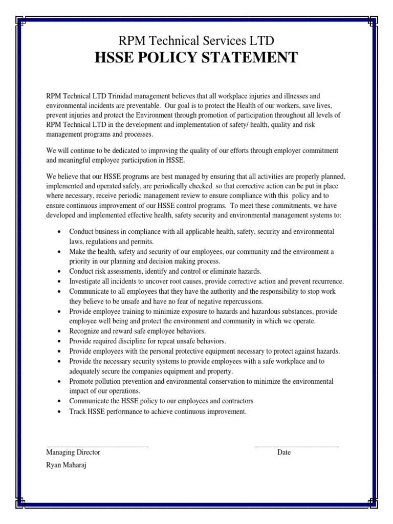 HSSE Policy Statement | PDF | Safety | Employment