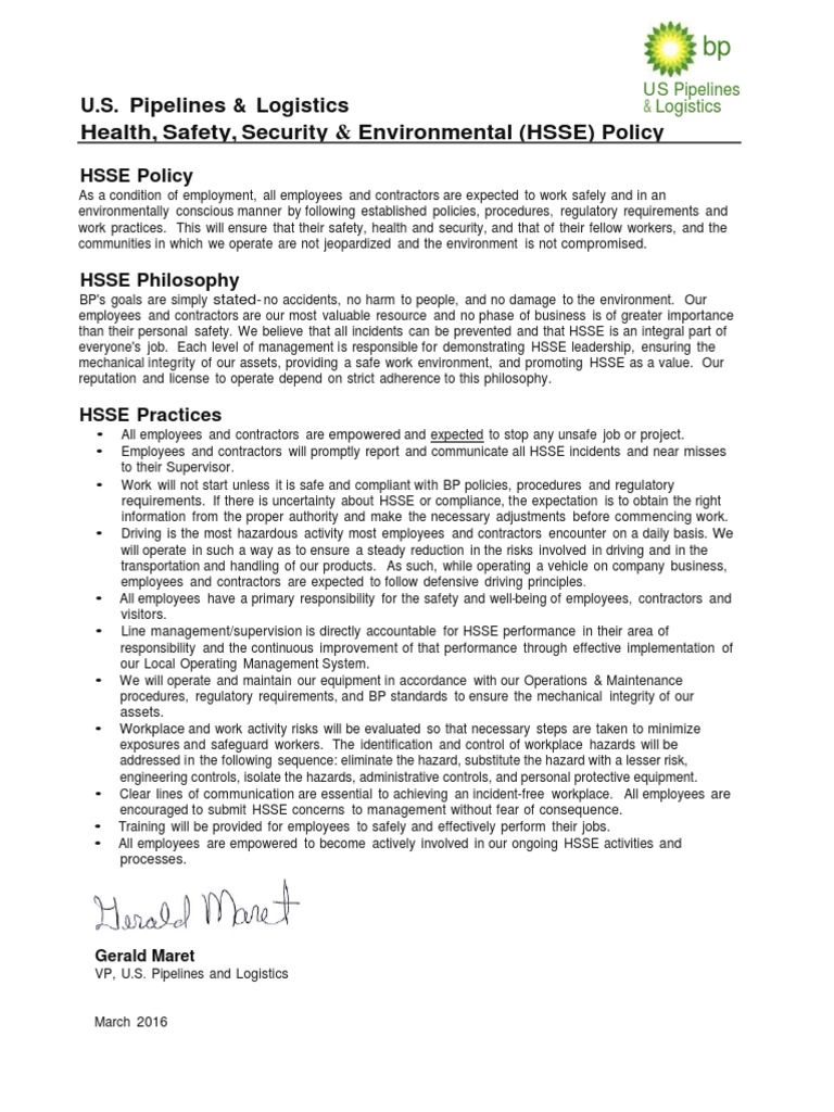 U.S. Pipelines & Logistics Health, Safety, Security Environmental (HSSE) Policy | PDF | Safety ...