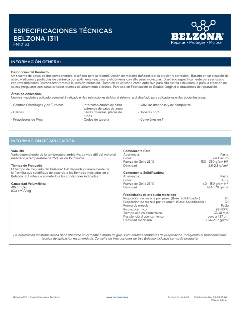 Ficha Técnica Belzona 1311 | PDF | Calorimetría diferencial de barrido | Acero