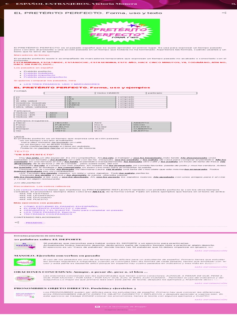 EL PRETÉRITO PERFECTO. Forma, Uso y Texto | PDF | Lingüística | Gramática