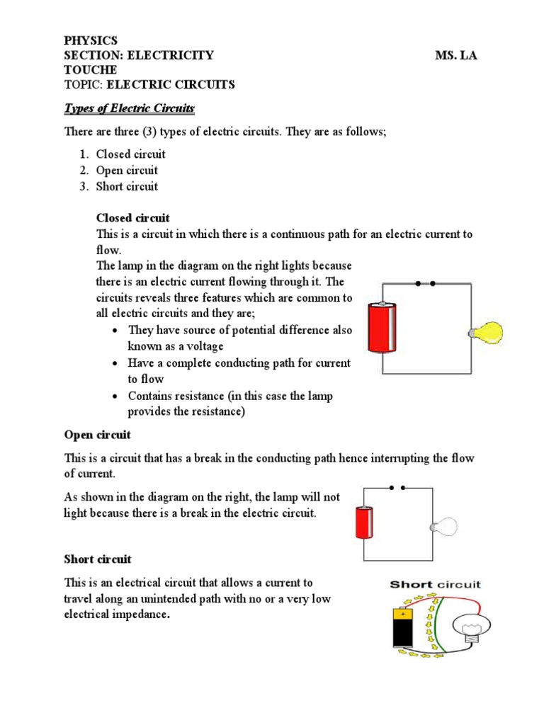 Physics Notes On Types of Electric Circuitscells and Batteriesresitance ...