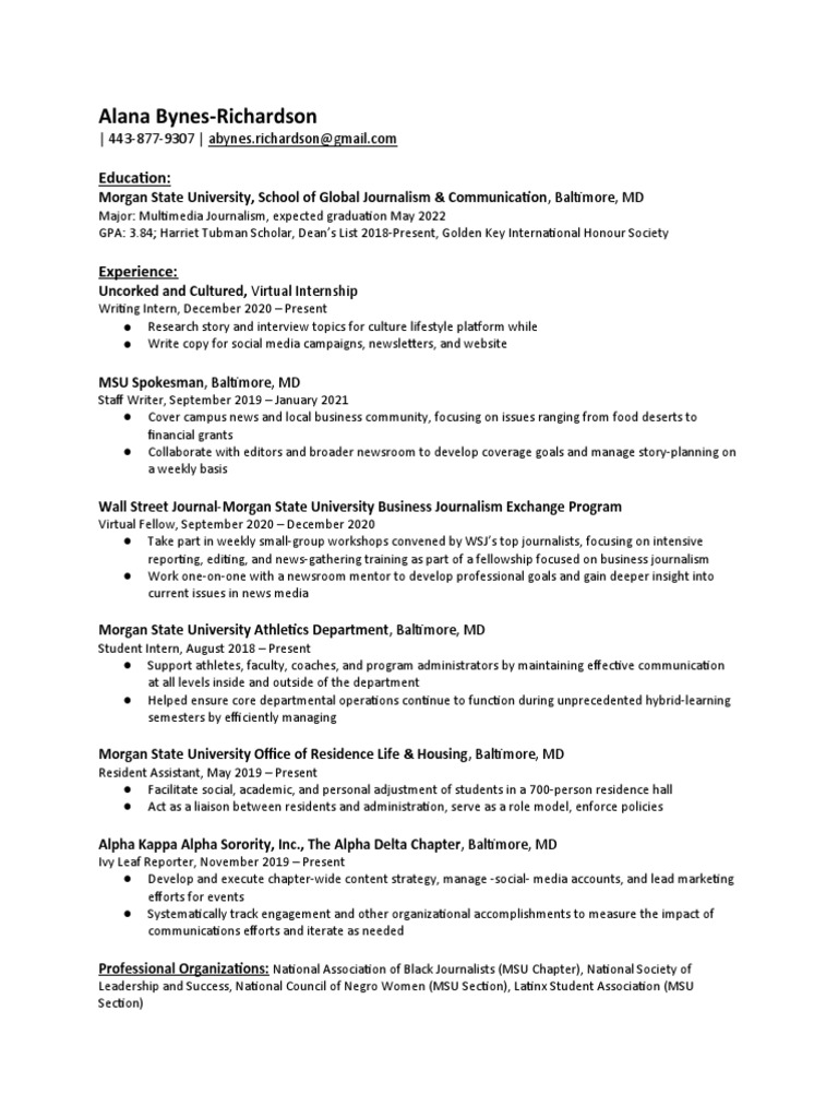 Alana Bynes-Richardson's Journalism Resume | PDF | Michigan State University | Journalism