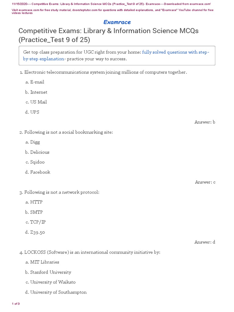 Library Information Science MCQs Practice Test 9 | PDF | Internet ...