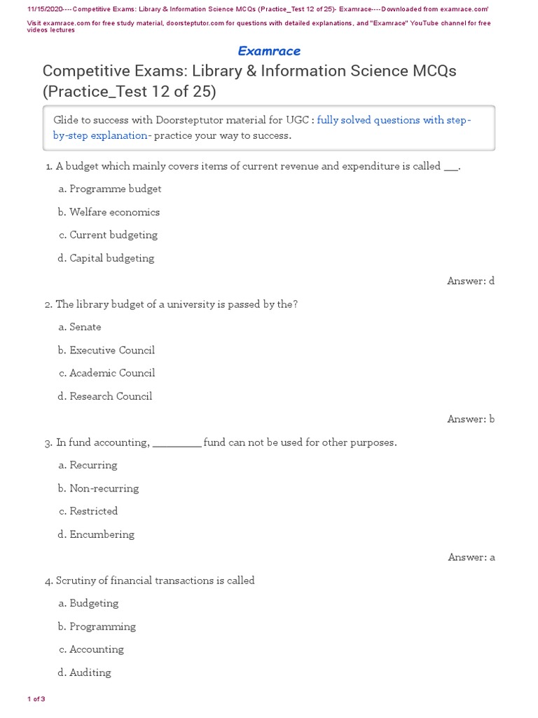 Library Information Science MCQs Practice Test 12 | PDF | Libraries ...