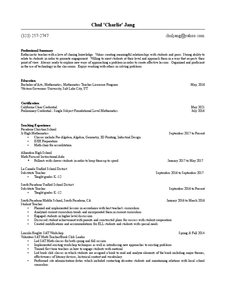 Chul 'Charlie' Jang: Professional Summary | PDF | Teachers | Sat