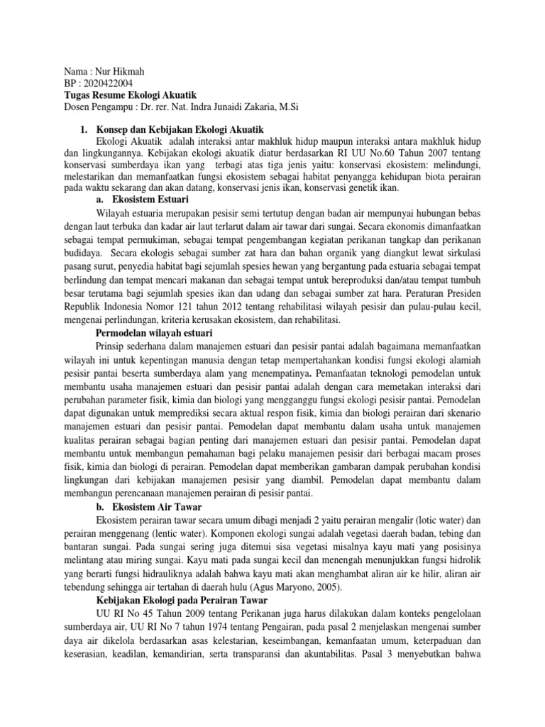 Tugas Resume Ekologi Akuatik Nur Hikmah 2020422004 | PDF
