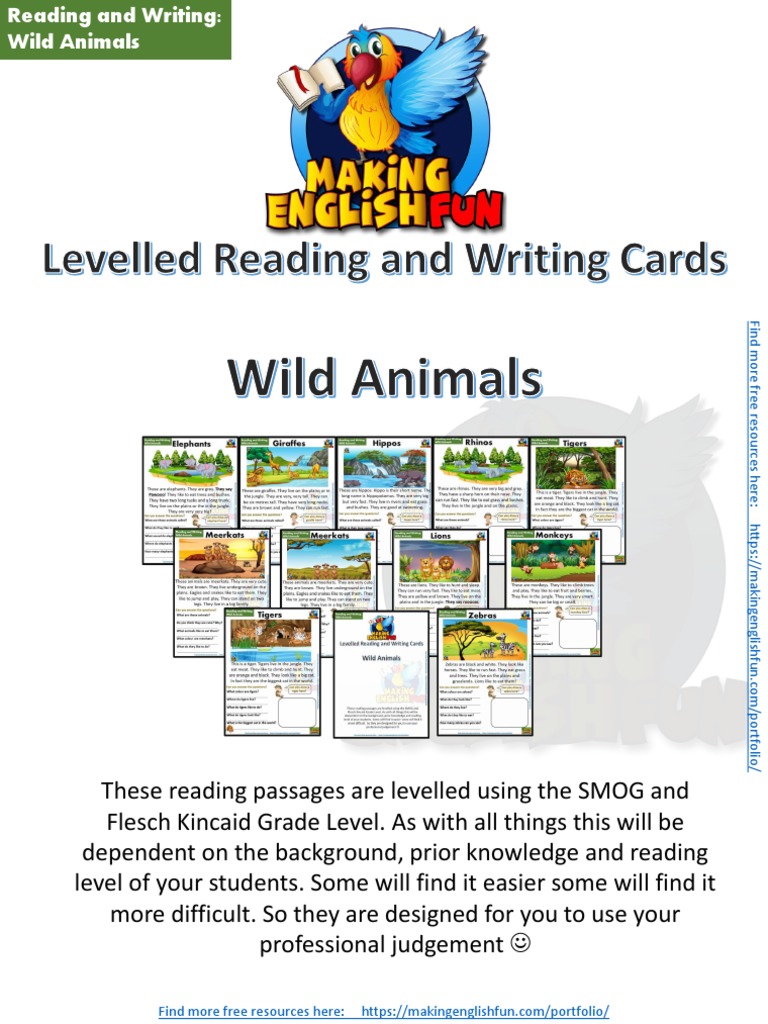 Wild Animals Reading & Writing Cards | PDF | Tiger | Elephant