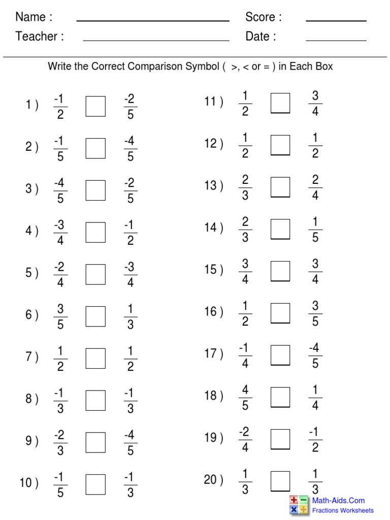Write The Correct Comparison Symbol (, or ) in Each Box | PDF