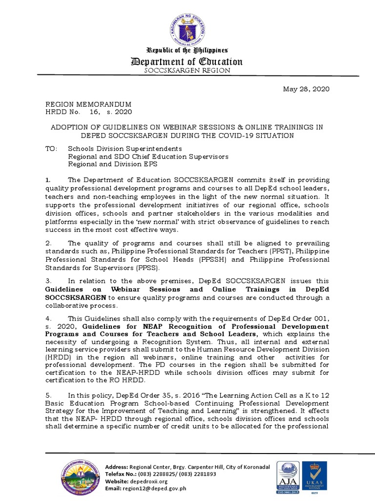 Region Memorandum HRDD 16 ADOPTION OF GUIDELINES ON WEBINAR SESSIONS ... Region Memorandum HRDD 16 ADOPTION OF GUIDELINES ON WEBINAR SESSIONS ...