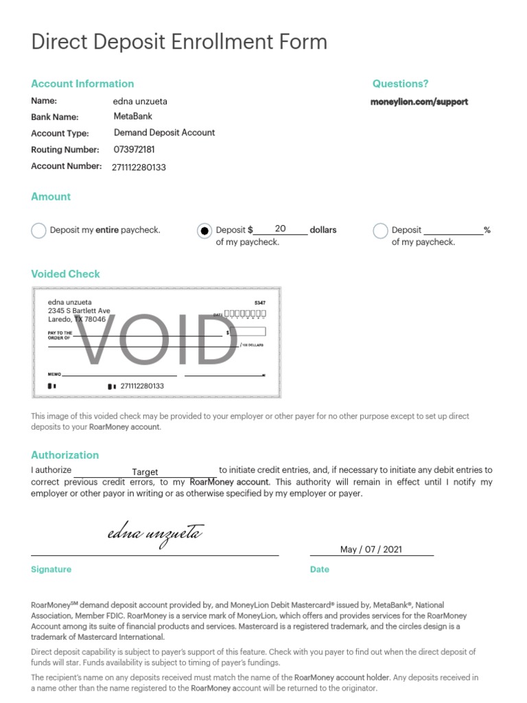 Edna Unzueta: Direct Deposit Enrollment Form | PDF